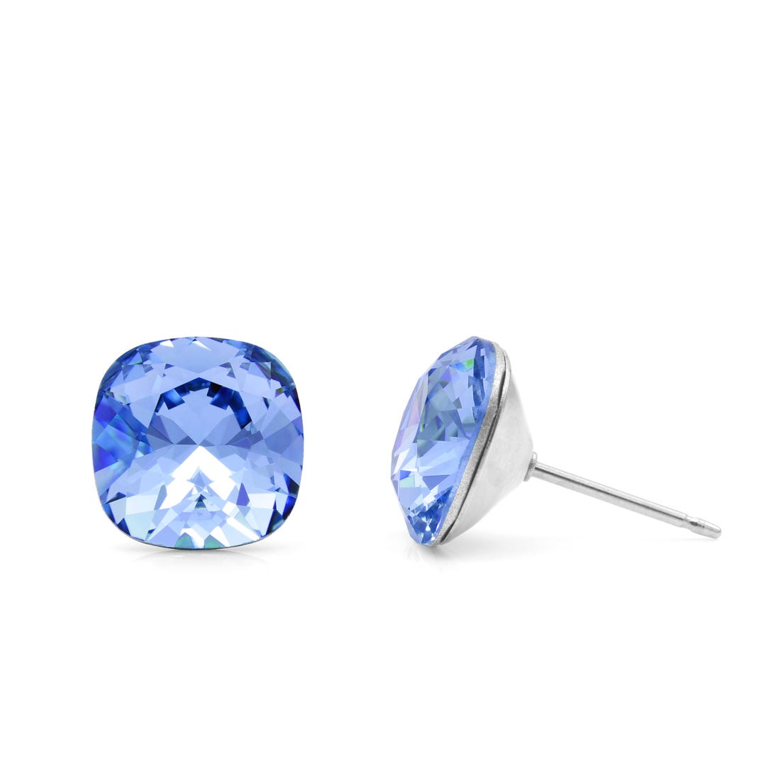 10mm Blue Swarovski Studs | Cushion Cut Earrings | Blue Crystal ...
