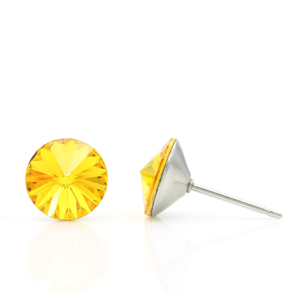 8mm Yellow Crystal Earrings Swarovski Crystal Studs Yellow Round Earrings Dainty Studs ...