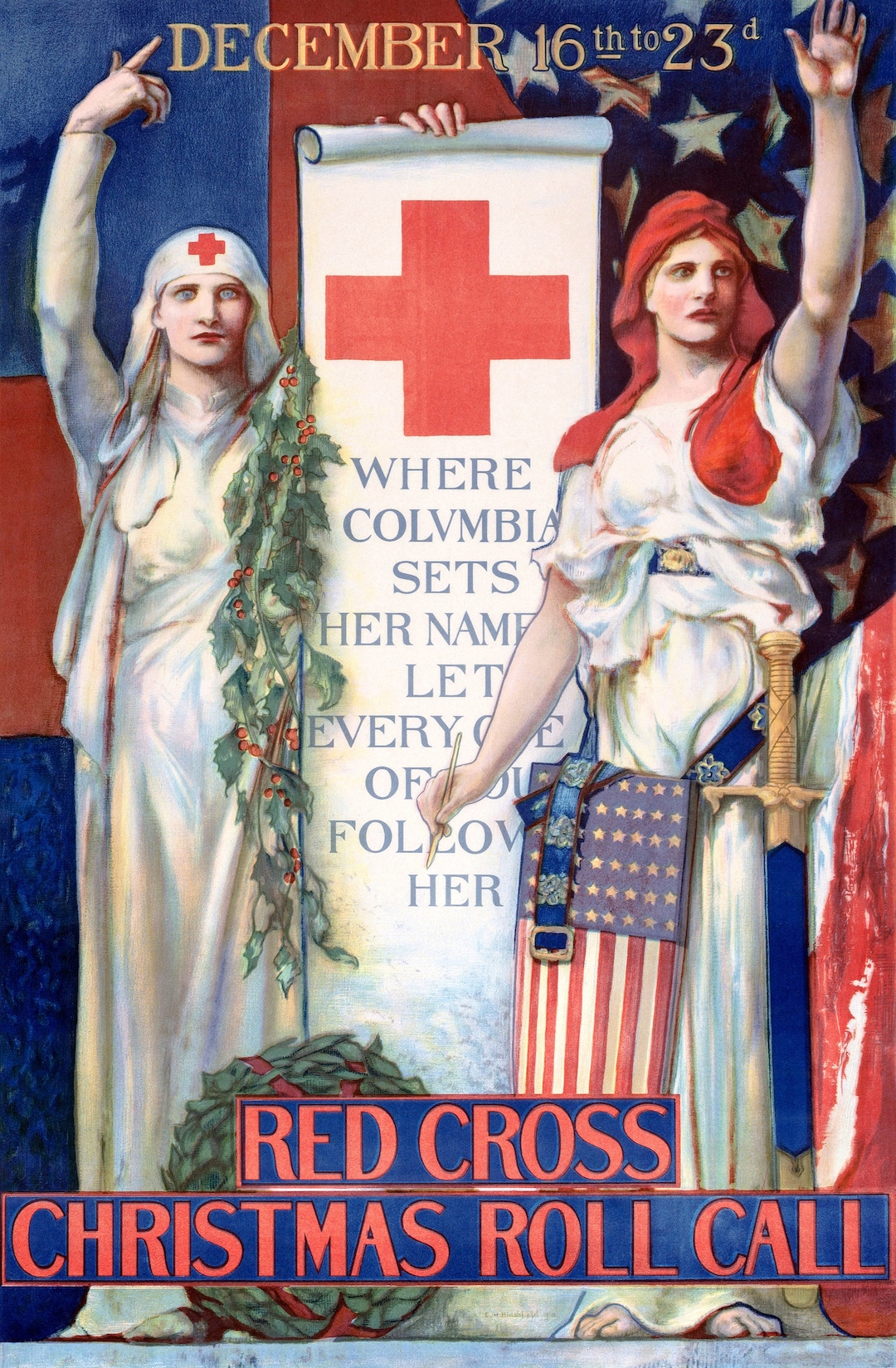 1918 WWI Red Cross Poster | Red Cross Christmas Roll Call | Artist ...