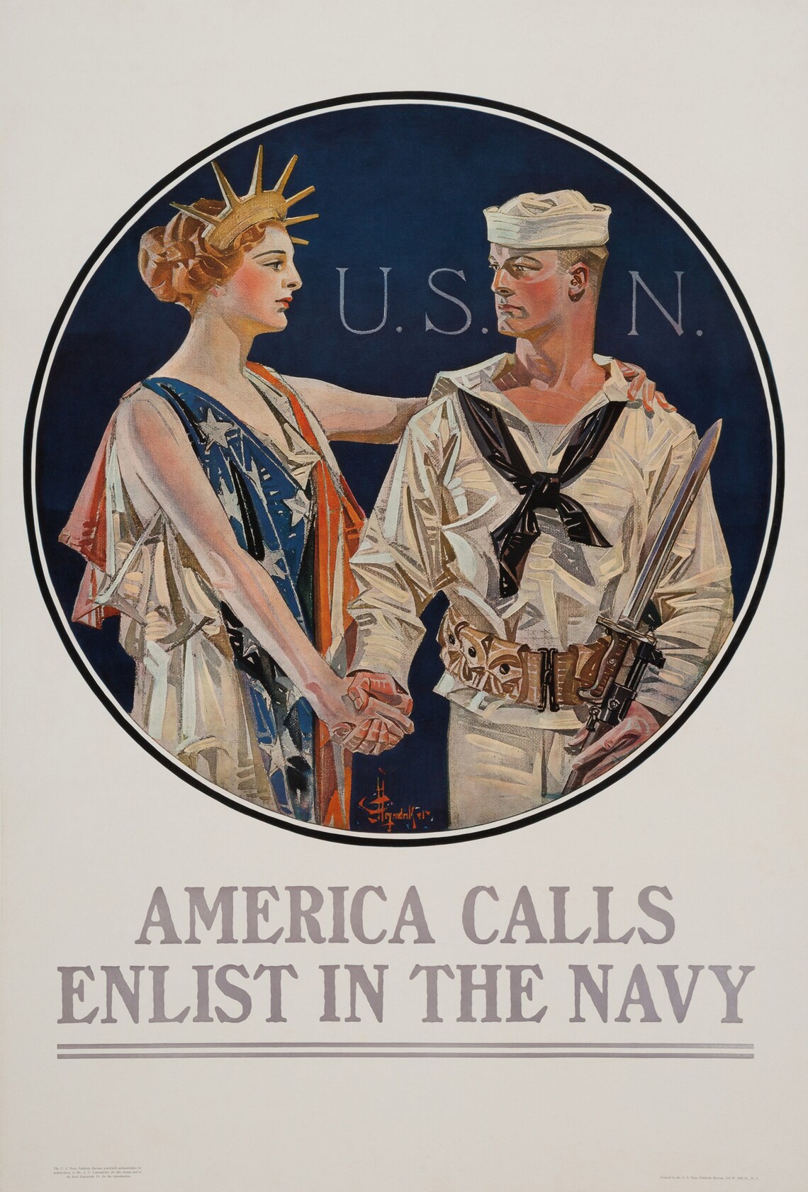 1917 WWI Propaganda Poster America Calls Enlist in the Navy Artist ...