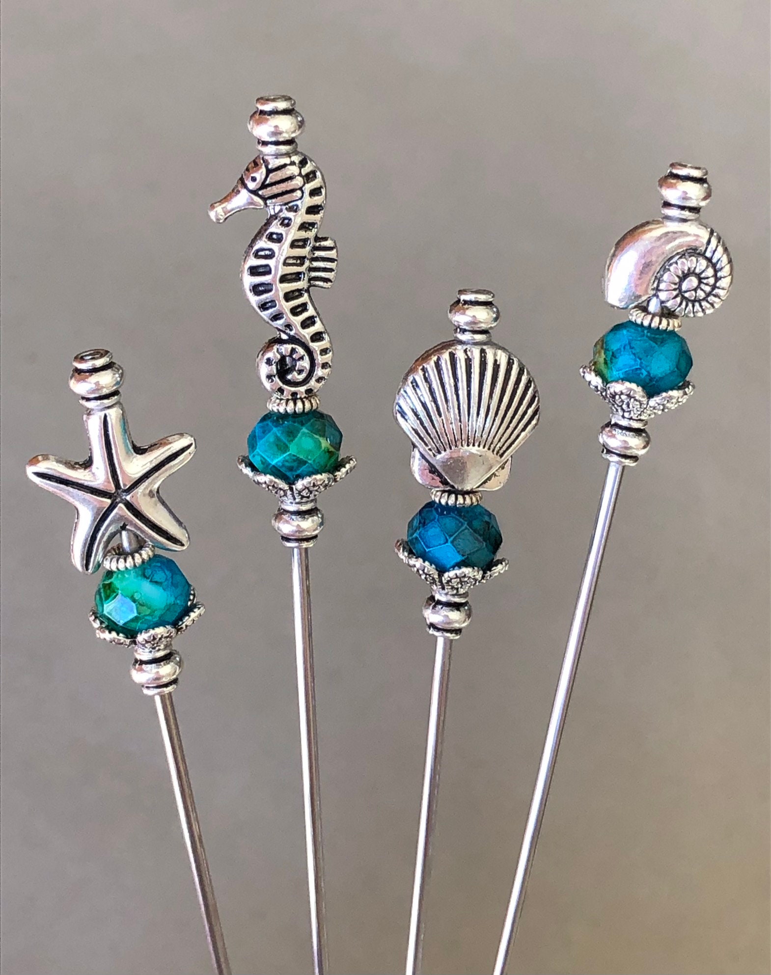 Cocktail Picks - Food Picks - Antiqued Silver Sea Life W/aqua Glass and ...