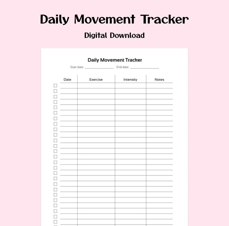 Daily Movement Exercise Workout Tracker Digital Download / Printable ...
