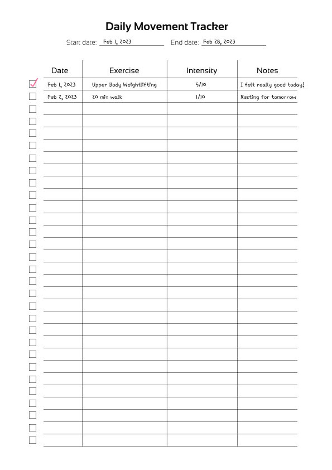 Daily Movement Exercise Workout Tracker Digital Download / Printable ...