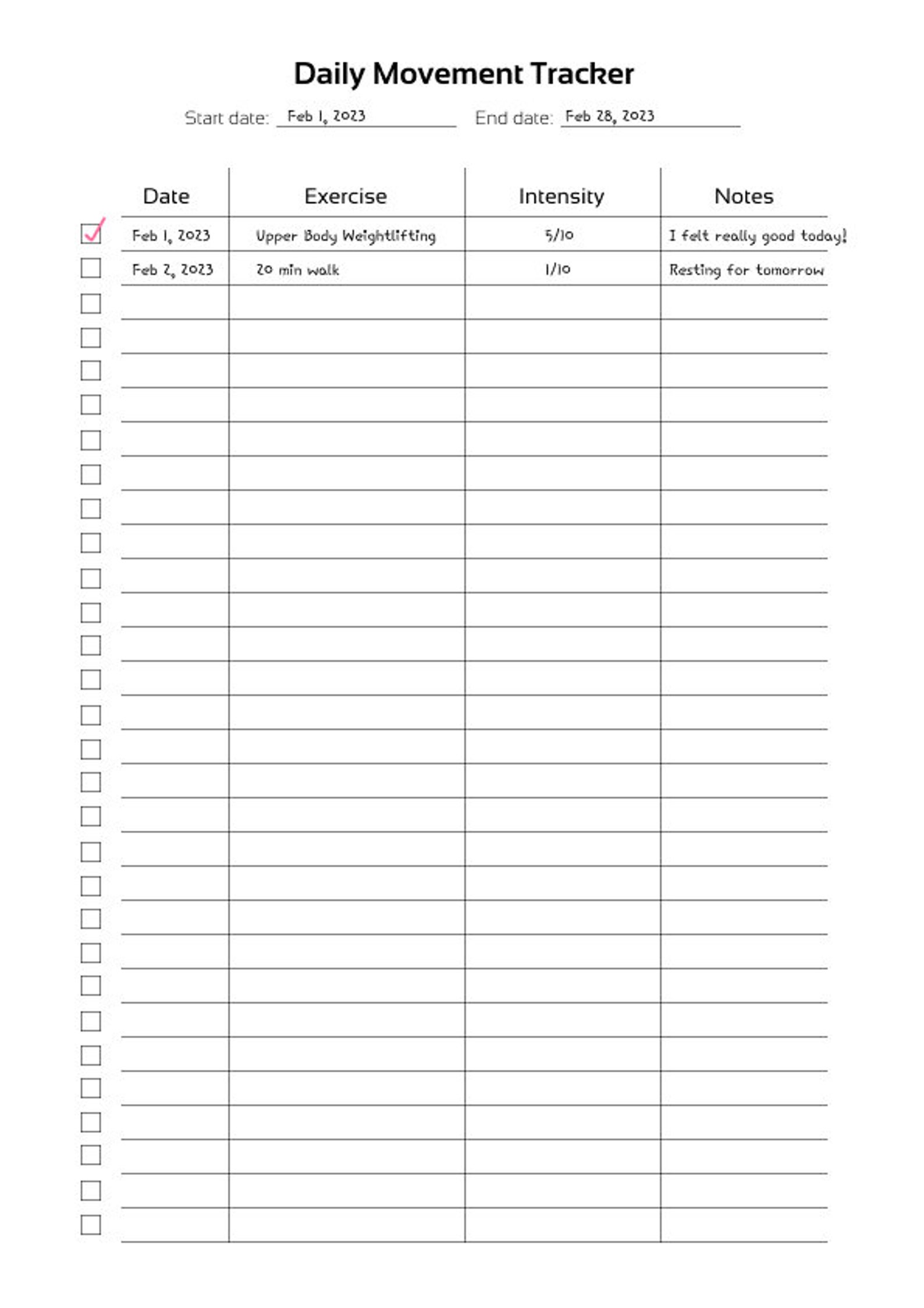 Daily Movement Exercise Workout Tracker Digital Download / Printable ...
