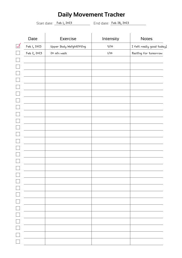 Daily Movement Exercise Workout Tracker Digital Download / Printable ...