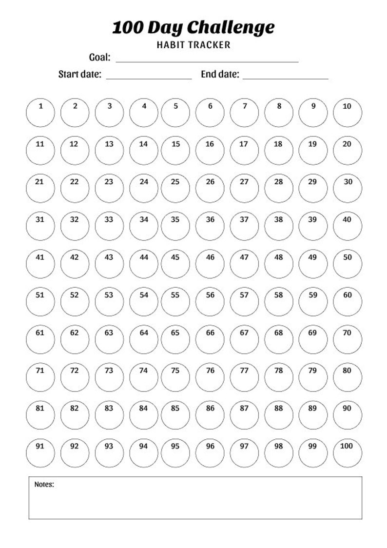 100 Day Challenge Tracker Template - Printable/ Digital Download/ iPad ...