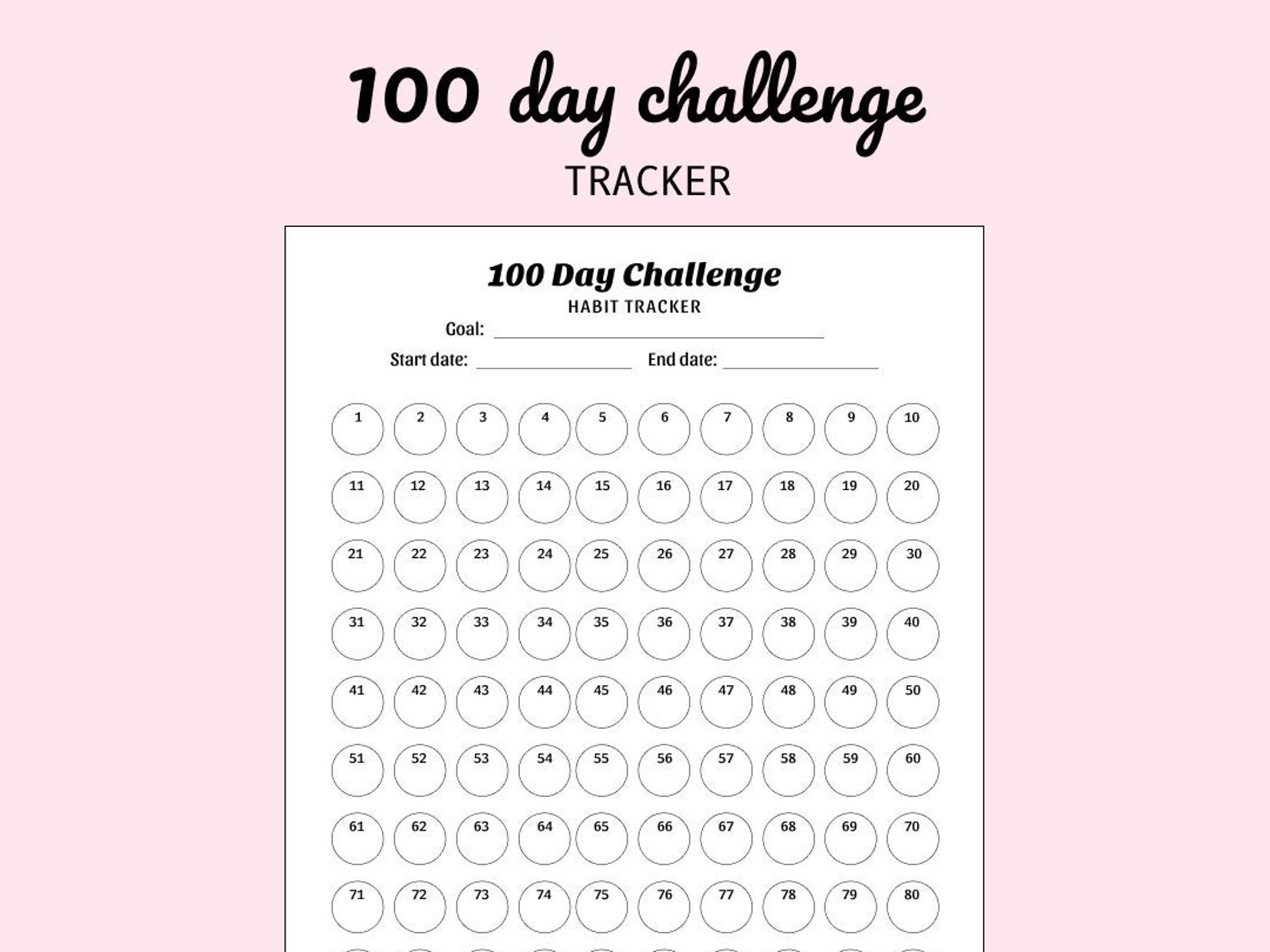 100 Day Challenge Tracker Template - Printable/ Digital Download/ iPad ...