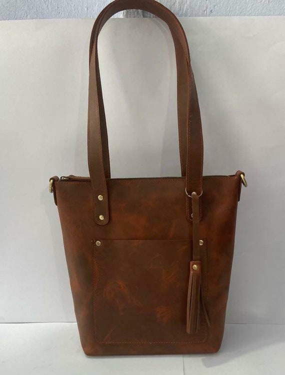 Leather Tote Bag Personalized Tote W Zipper Outside Pocket - Etsy