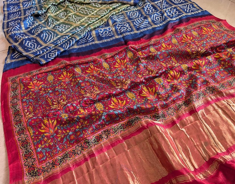 Blue Olive Shaded Gharchola Gaji Silk Bandhani Saree - Etsy