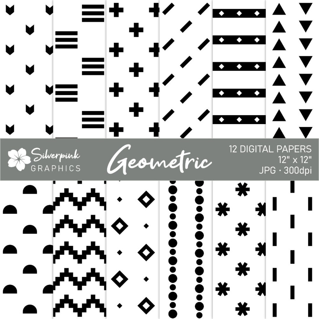 Black and White Geometric Digital Paper Pack, Seamless Scandi Patterns ...