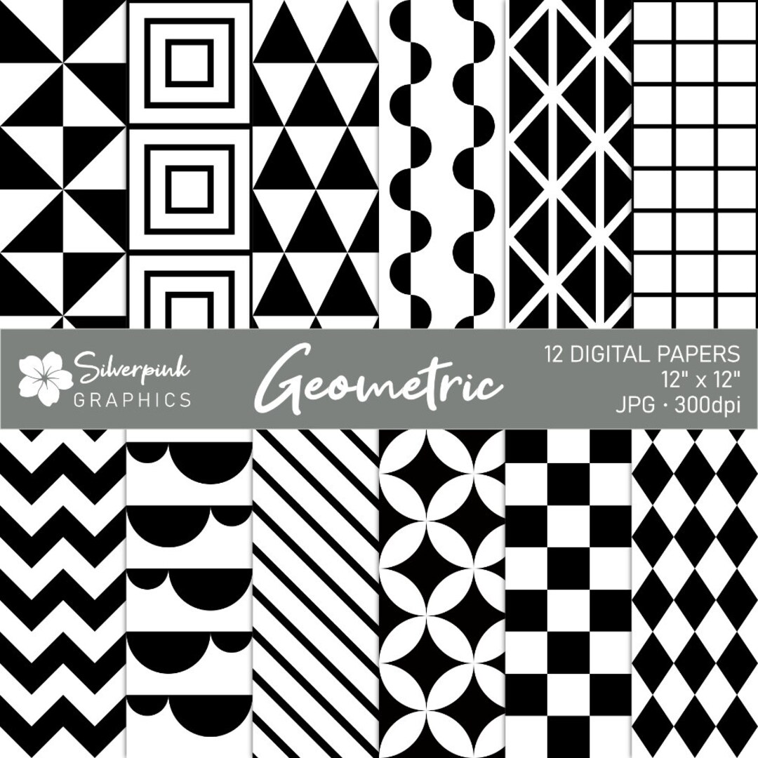 Black and White Geometric Digital Paper Pack, Bold Patterns, Scrapbook ...