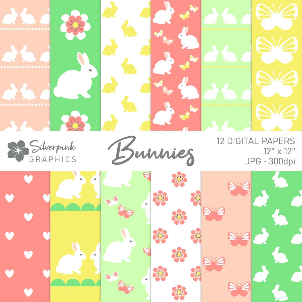 Bunnies Digital Paper Pack, Spring Scrapbook Papers and Backgrounds ...