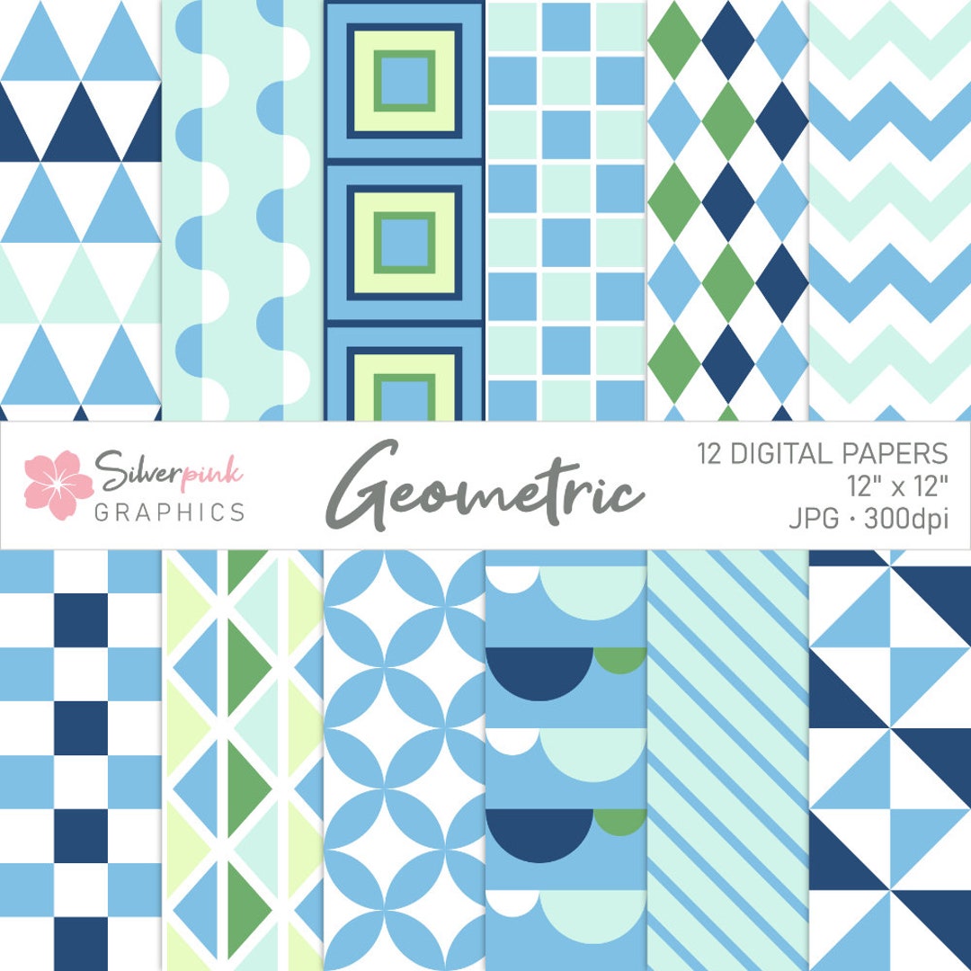 Blue Geometric Digital Paper Pack, Bold Patterns, Scrapbook Papers and ...