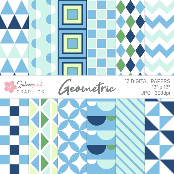Blue Geometric Digital Paper Pack Bold Patterns Scrapbook | Etsy