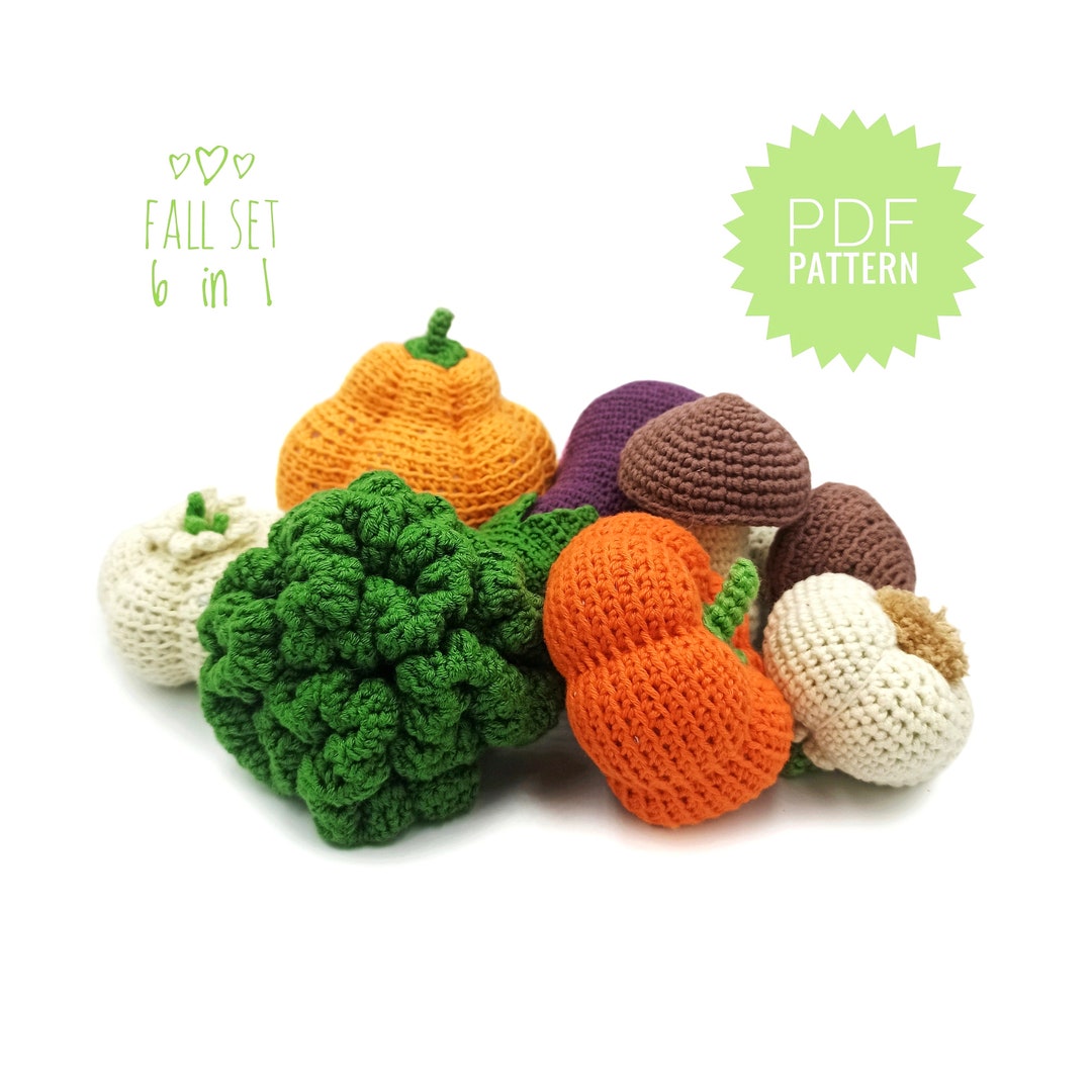 Crochet VEGETABLES Patterns 6 In1: Mushroom, Garlic, Broccoli, Eggplant ...
