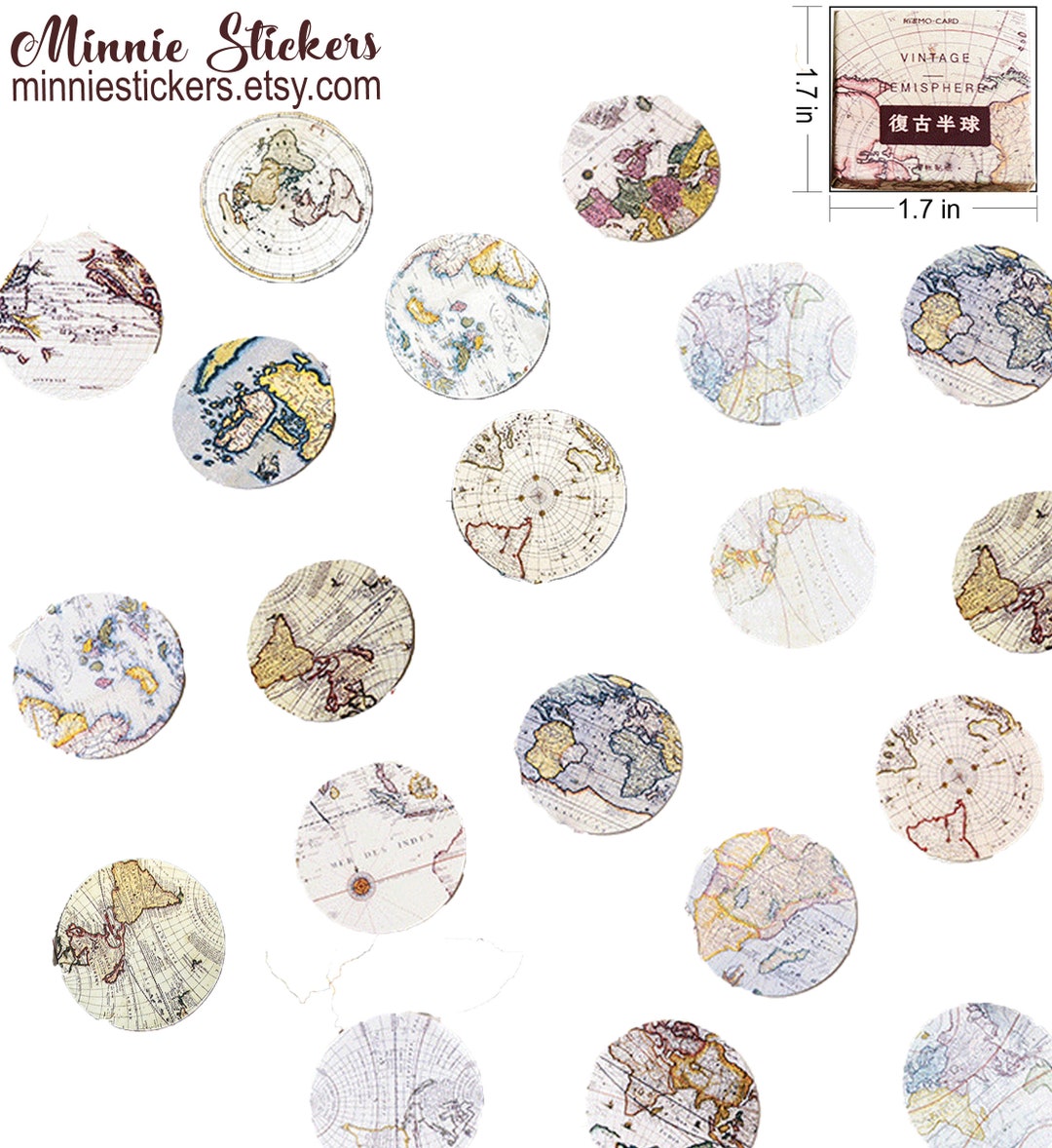 World Map Stickers, Travel Journal Round Stickers, Vintage Map Stickers ...