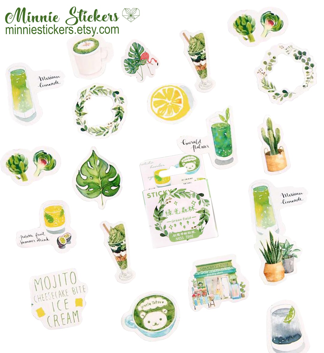 46pcs Green Aesthetic Stickers, Cute Green Stickers, Diary, Scrapbook ...