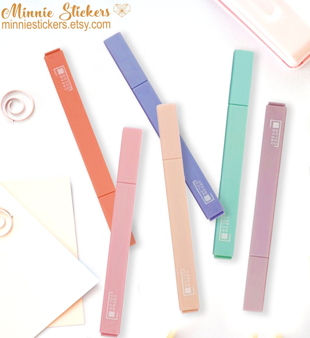 6pc Cream Color Highlighter Pen Set, Highlighter Marker Pen, Rainbow ...