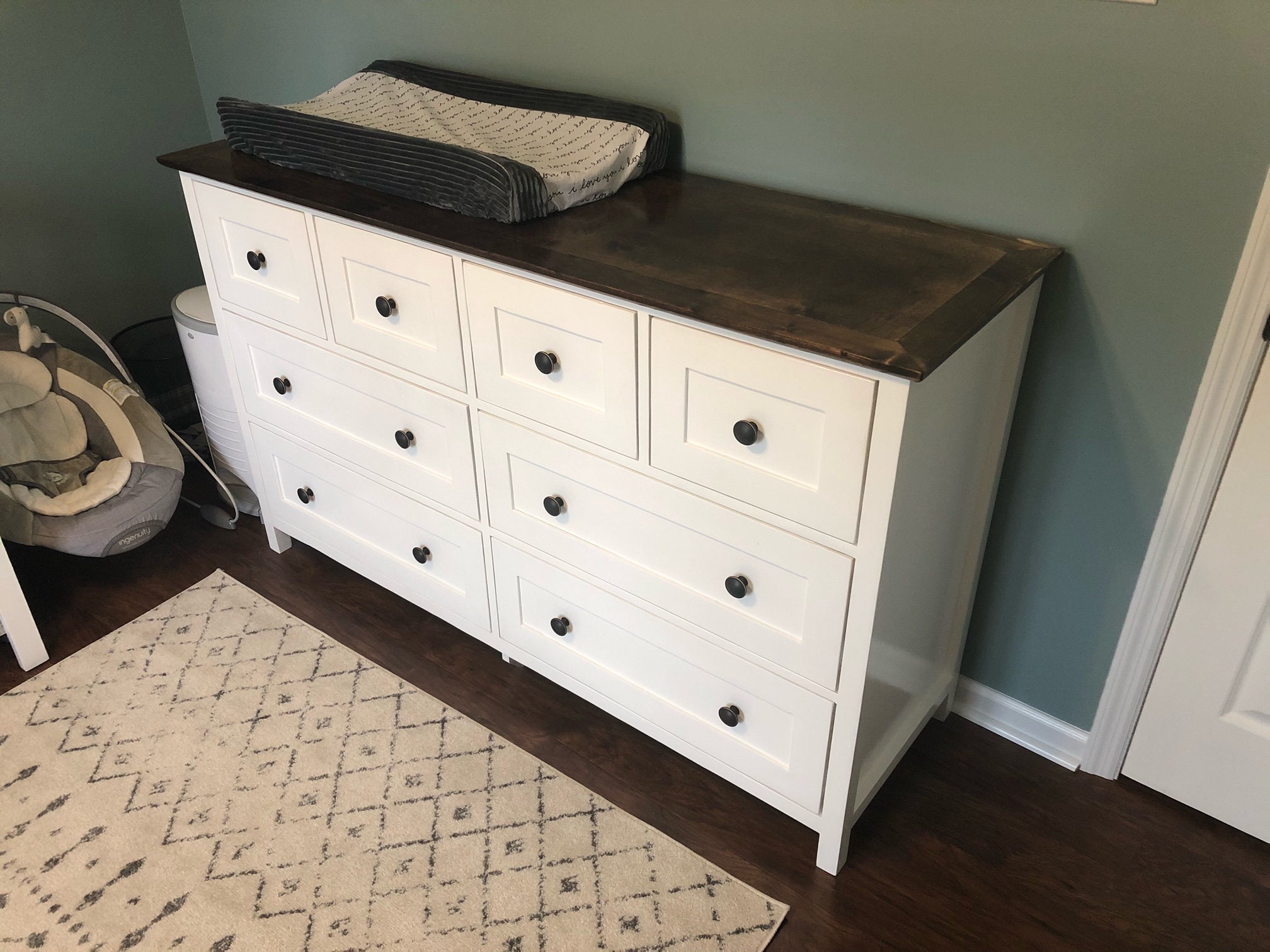 White dresser with dark wood top store