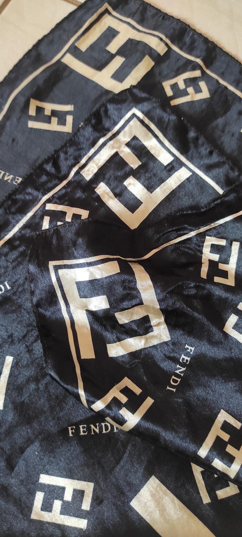 Vintage Authentic Fendi Iconic Logo Monogram Black Silk Square Scarf ...