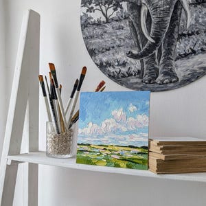 Small Landscape Oil Painting Original Green Meadow and Blue Sky Over ...