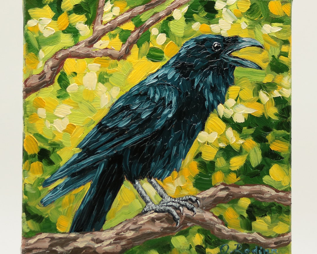 Raven Oil Painting Original on Canvas Black Bird Art Square Painting ...