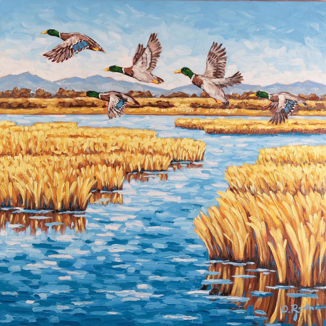 Duck Marsh Oil Painting on Canvas: Flying Mallards, Autumn Landscape ...