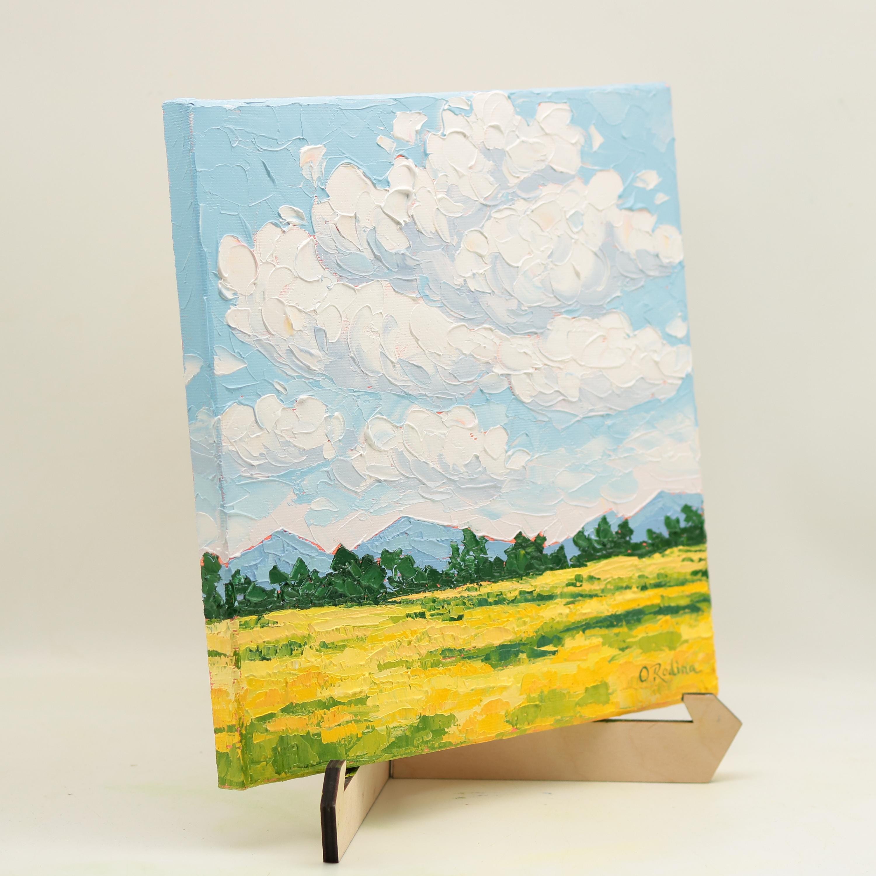 Prairie Landscape Oil Painting: Clouds Over Yellow Field, 10x10 Canvas ...