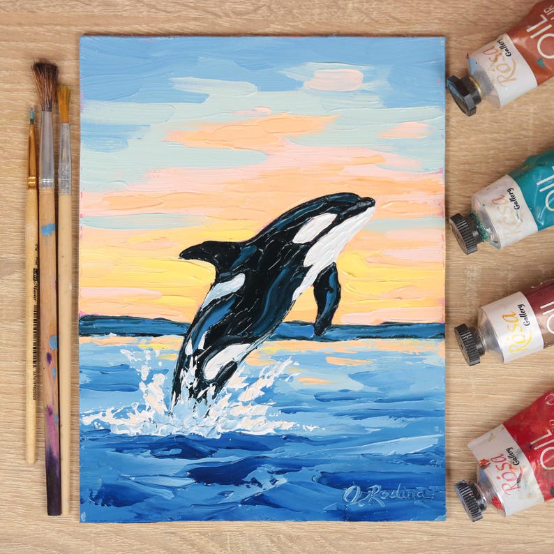 Orca Oil Painting Original – Killer Whale Jumping at Sunset, Ocean ...
