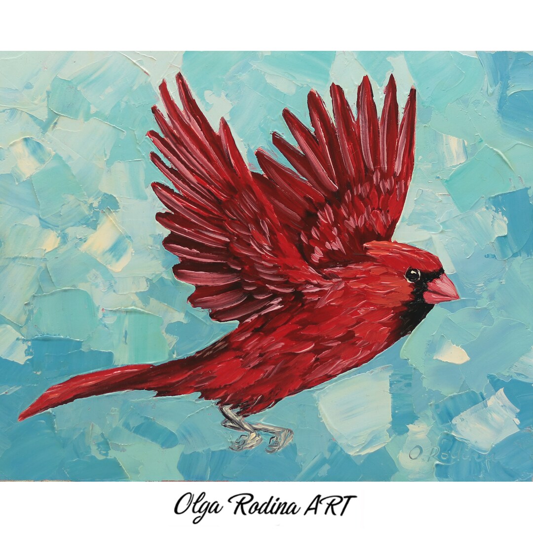 Cardinal Flying Oil Painting Original Cardinal Bird Wall Art Red Bird ...