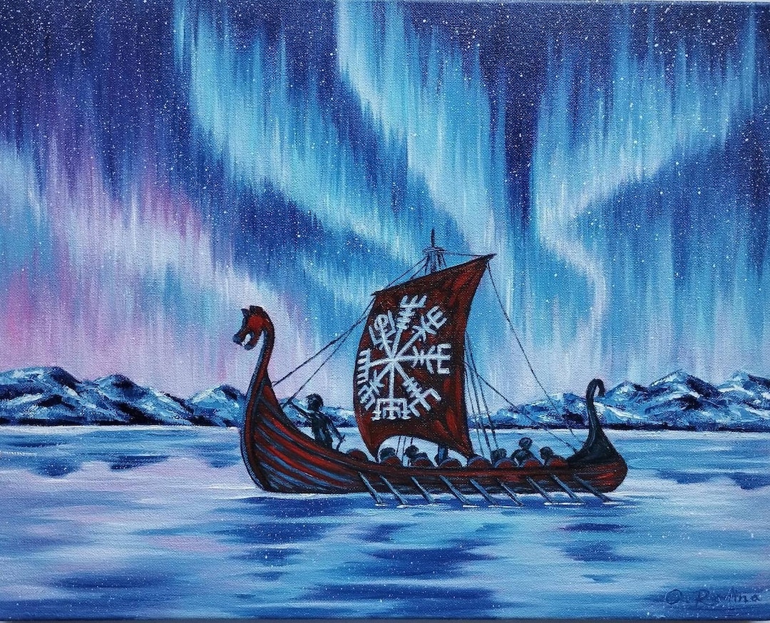 Viking Longship Oil Painting: Norse Mythology, Northern Lights Art - Etsy