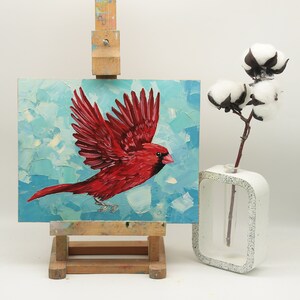 Cardinal Flying Oil Painting Original Cardinal Bird Wall Art Red Bird ...