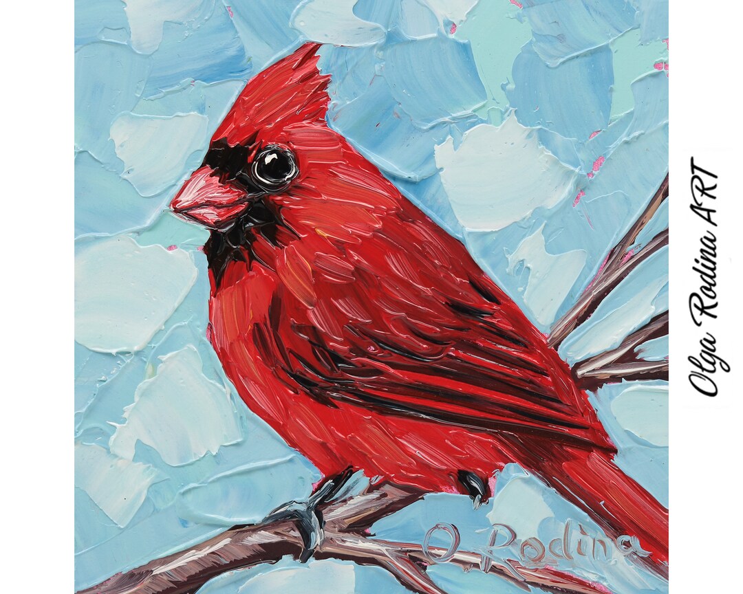Red Cardinal Painting Original Small Bird Painting Cardinal Oil ...