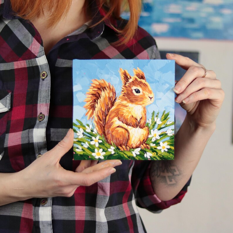 Squirrel Oil Painting: Small Hand Painted Animal Wildlife Art on Canvas ...