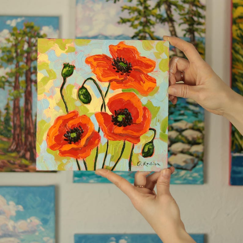 Original Poppy Oil Painting: Square Floral Impasto Art - Etsy