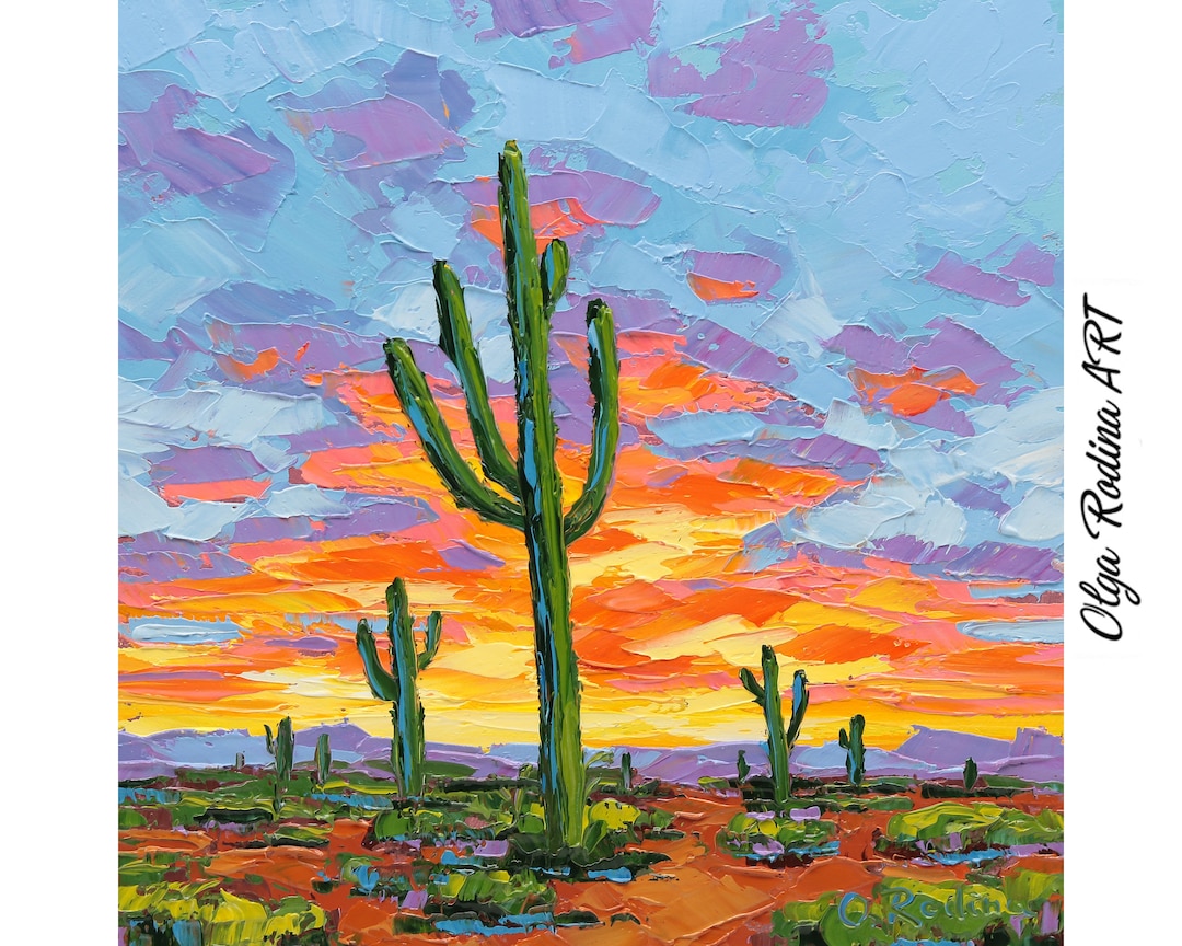 Arizona Oil Painting Original Landscape Wall Art Saguaro Sunset 8x8 ...