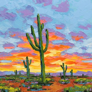 Arizona Oil Painting Original Landscape Wall Art Saguaro Sunset 8x8 ...