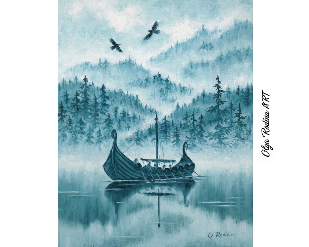 Norse Mythology Art - Viking Ship Original Oil Painting on Canvas ...