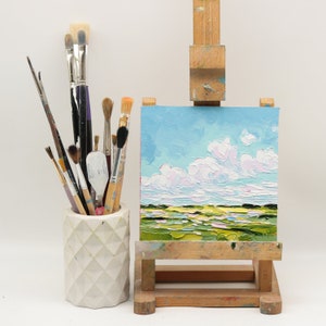 Small Landscape Oil Painting Original Green Meadow and Blue Sky Over ...