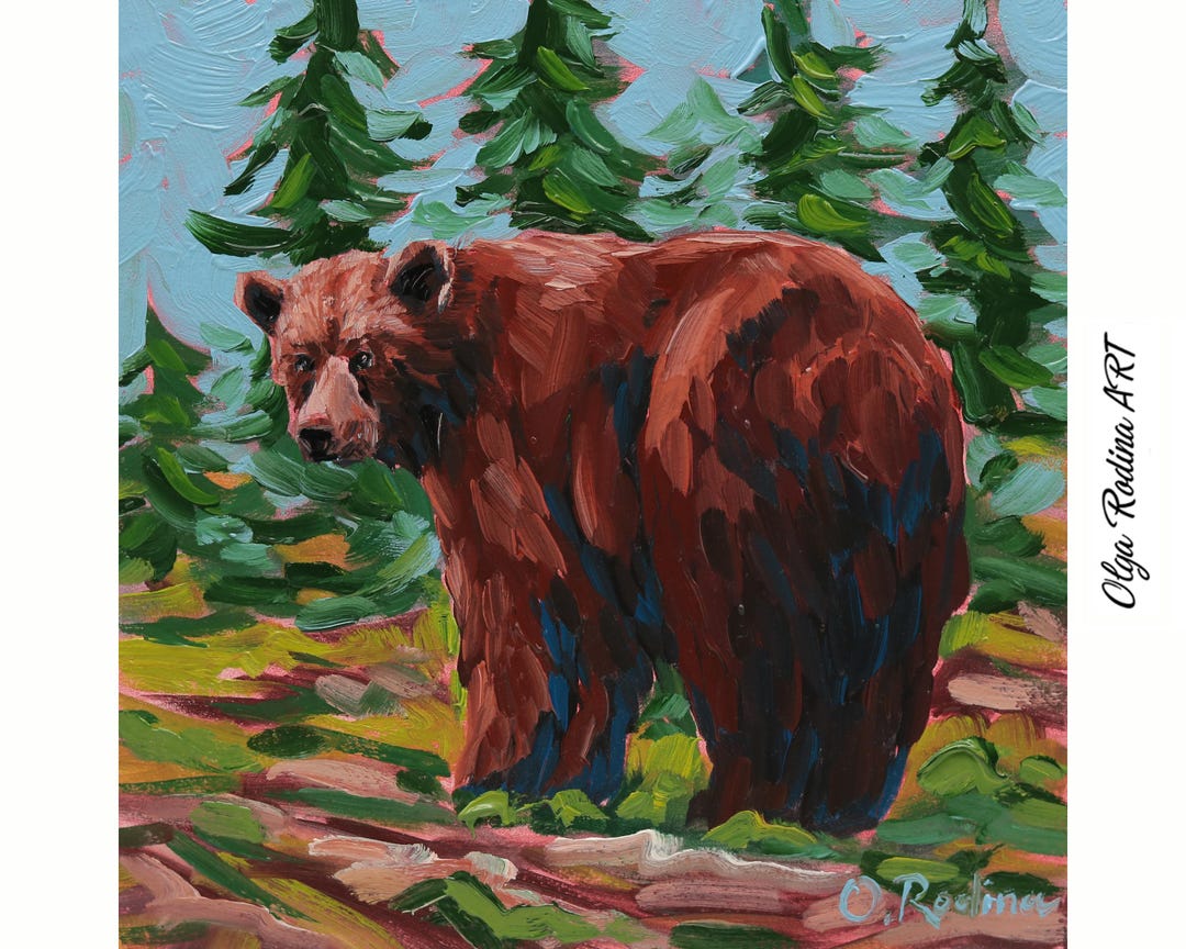 Brown Bear Oil Painting 6x6" Small Art Bear Artwork, Grizzly Bear ...