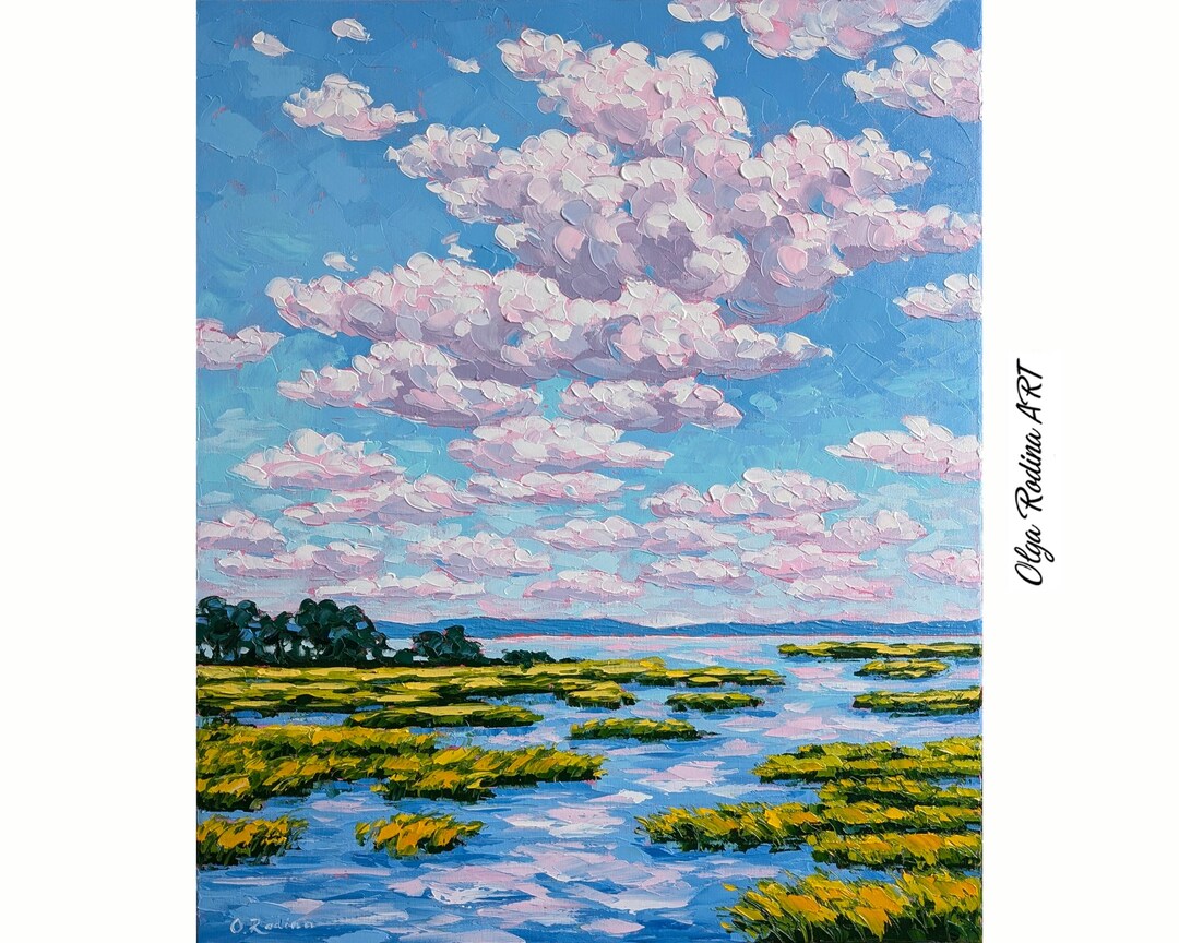 Marsh Oil Painting Original on Canvas Wall Art 20x24 Inch. Blue Sky ...