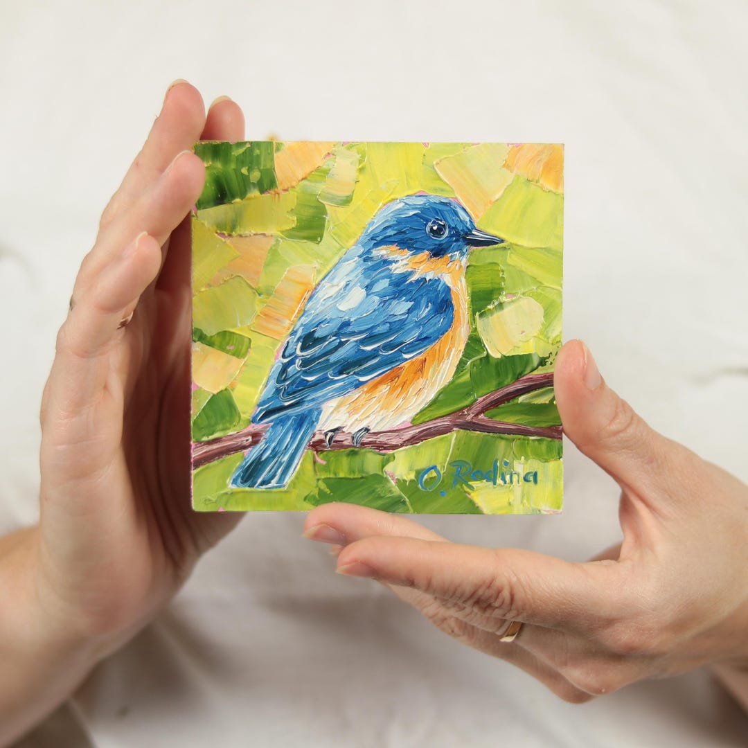 Bluebird Oil Painting: Small Original Bird Art, Impasto 4x4 - Etsy