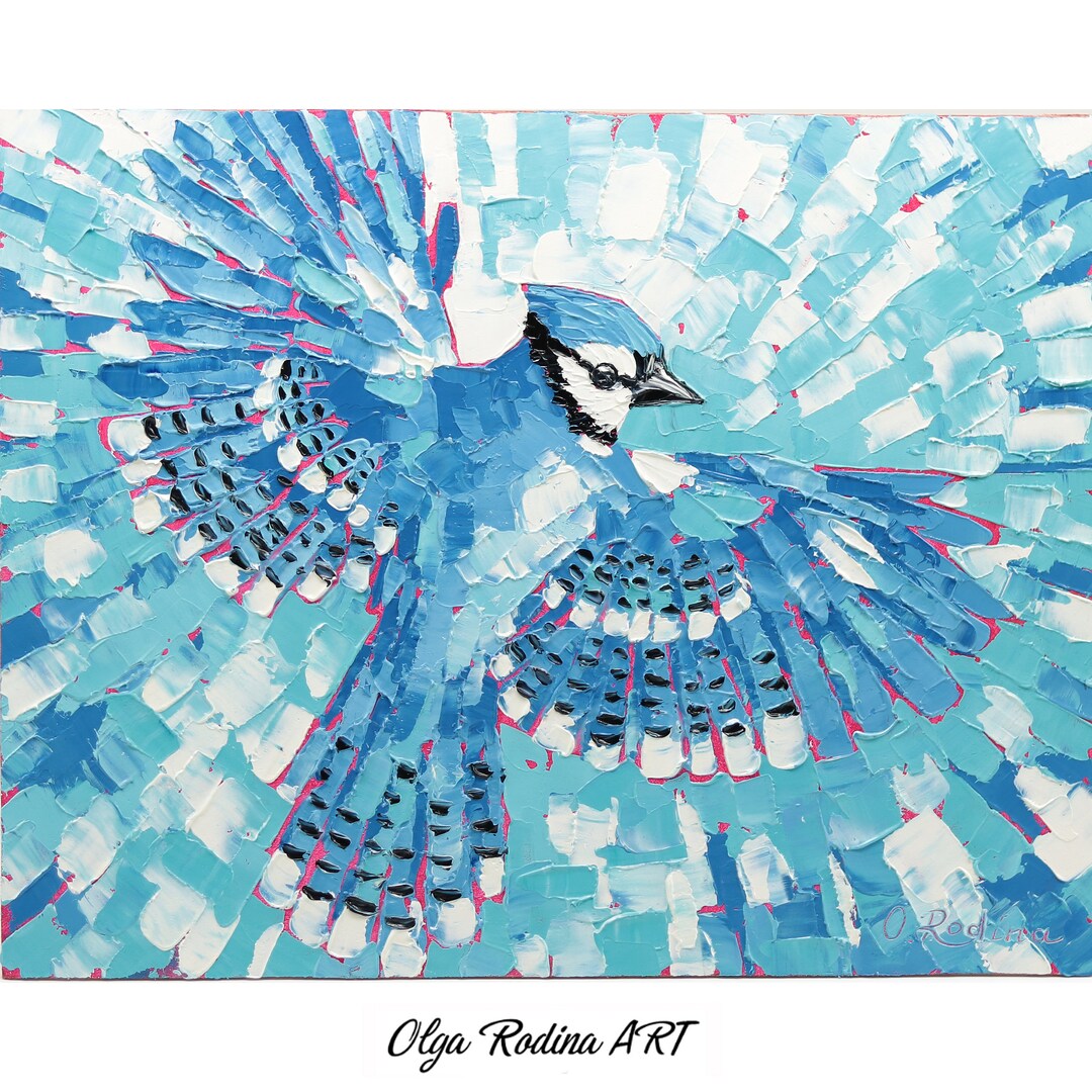Abstract Flying Blue Jay Painting on Canvas Impasto Blue Jai Oil ...
