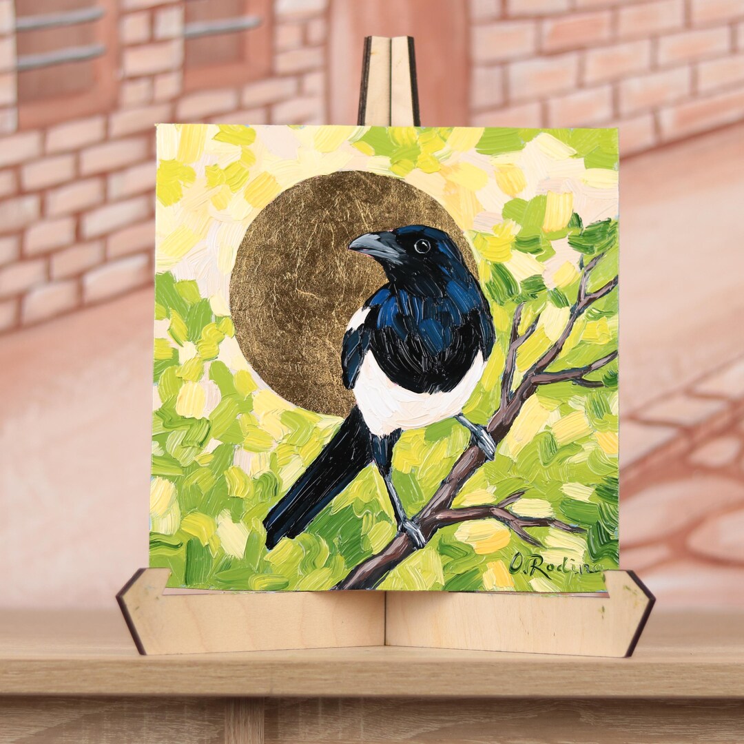 Magpie Oil Painting – Original Bird Gold Sun Artwork, 8x8 Small ...