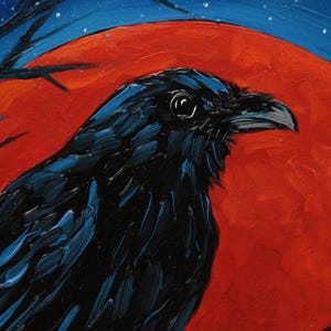Raven Art Original Crow Oil Painting Night Red Moon Raven Artwork 8x8 ...