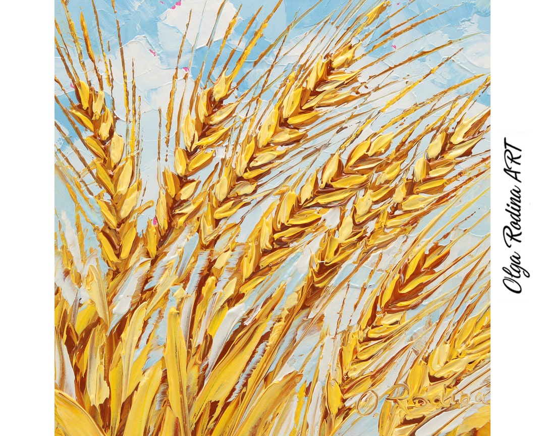 Wheat Oil Painting Original Ukraine Art Wheat Field and Blue Sky ...