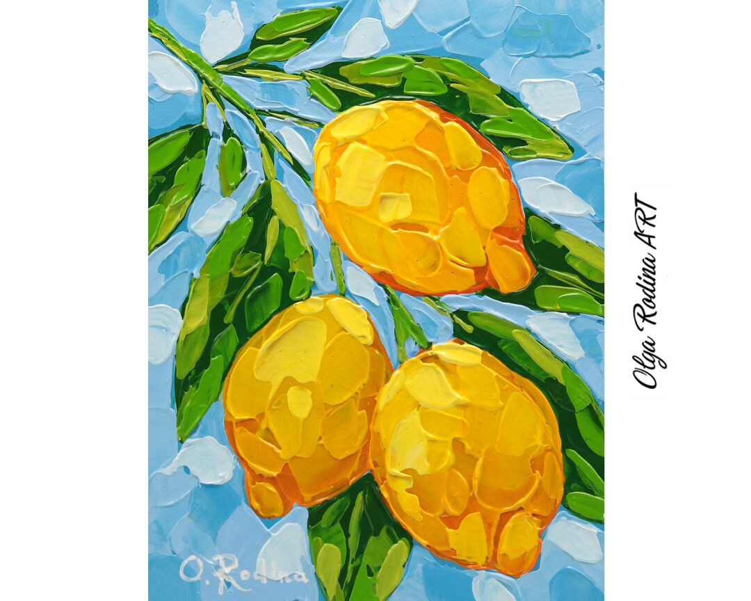 Lemon Art Original Acrylic Painting Lemon Branch Wall Art 6x8" Palette ...