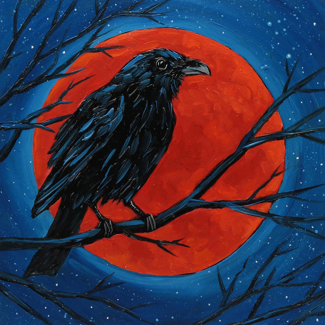Raven Art Original Crow Oil Painting Night Red Moon Raven Artwork 8x8 ...