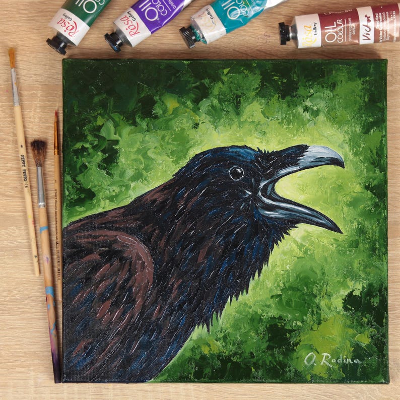 Raven Original Oil Painting on Canvas Crow Black Bird Art Square Wall ...