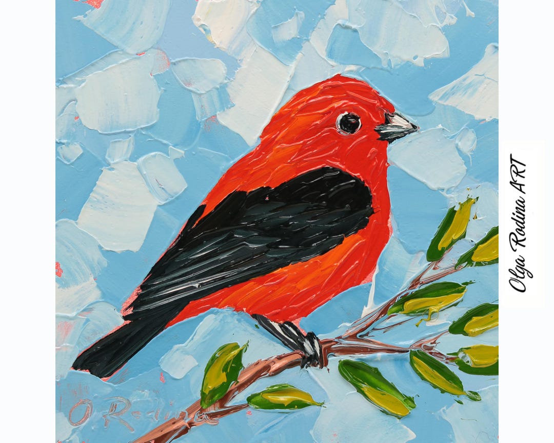 Scarlet Tanager Bird Oil Painting, 4x4 Bird Art Original, Red Bird Wall ...